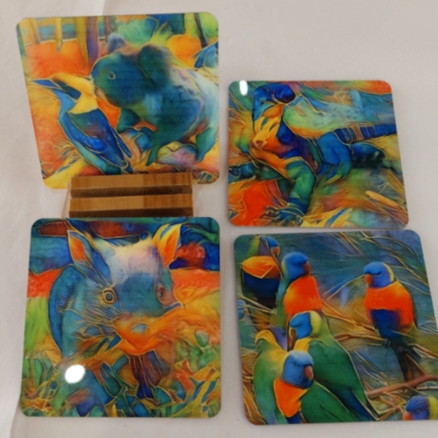 Australian wildlife coasters - set of 4 in metal case | Coldstream Gallery
